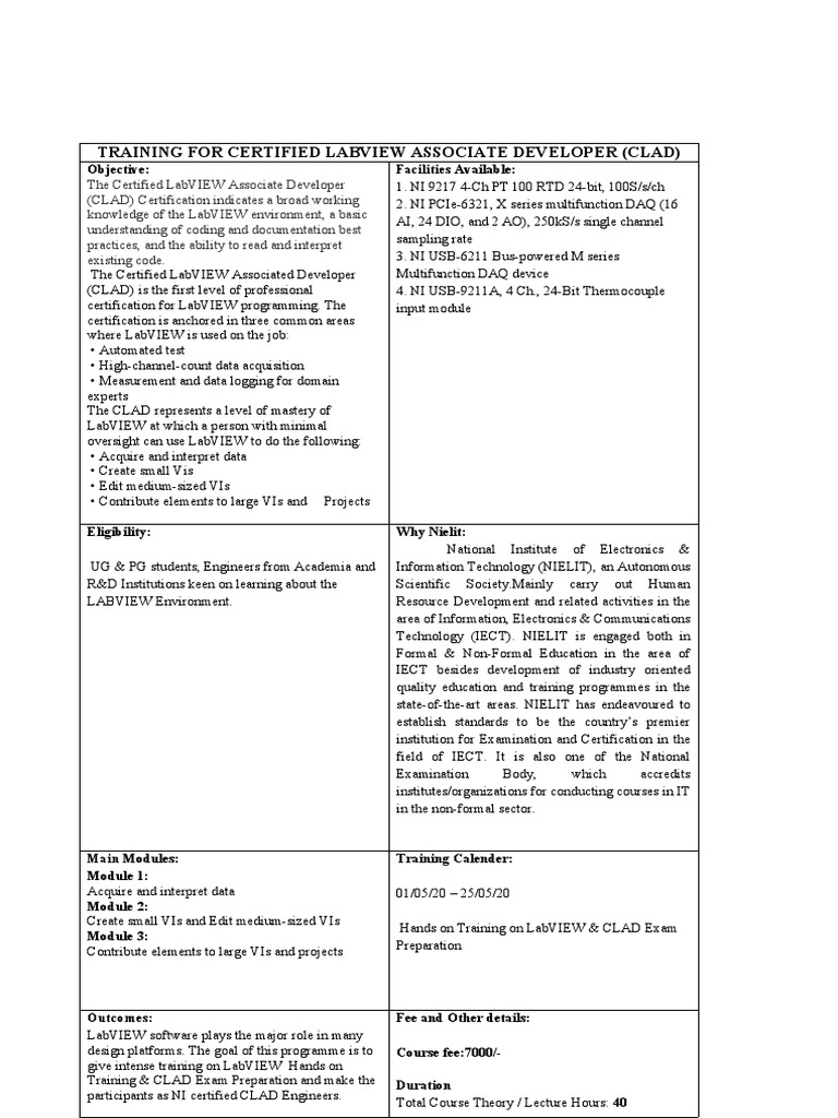 Training For Certified Labview Associate Developer (Clad) : Objective: Facilities Available ...