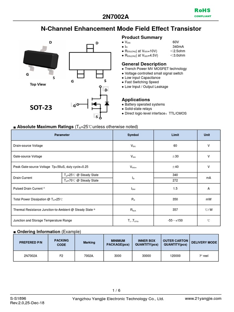 2N7002A N-Channel Enhancement Mode Field Effect Transistor: Product Summary | PDF | Field Effect ...