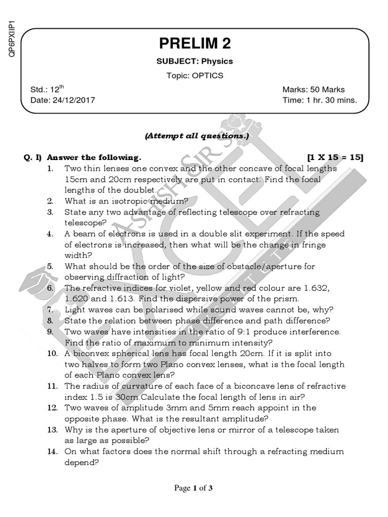 Physics Optics Exam Questions | PDF | Diffraction | Refractive Index