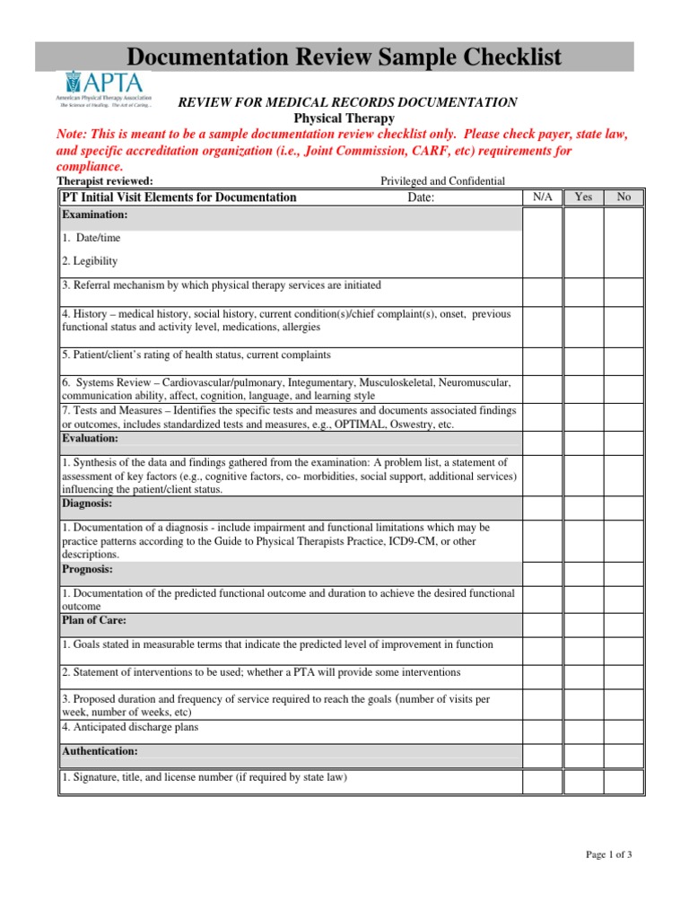 Documentation Review Sample Checklist | PDF | Physical Therapy | Medicine