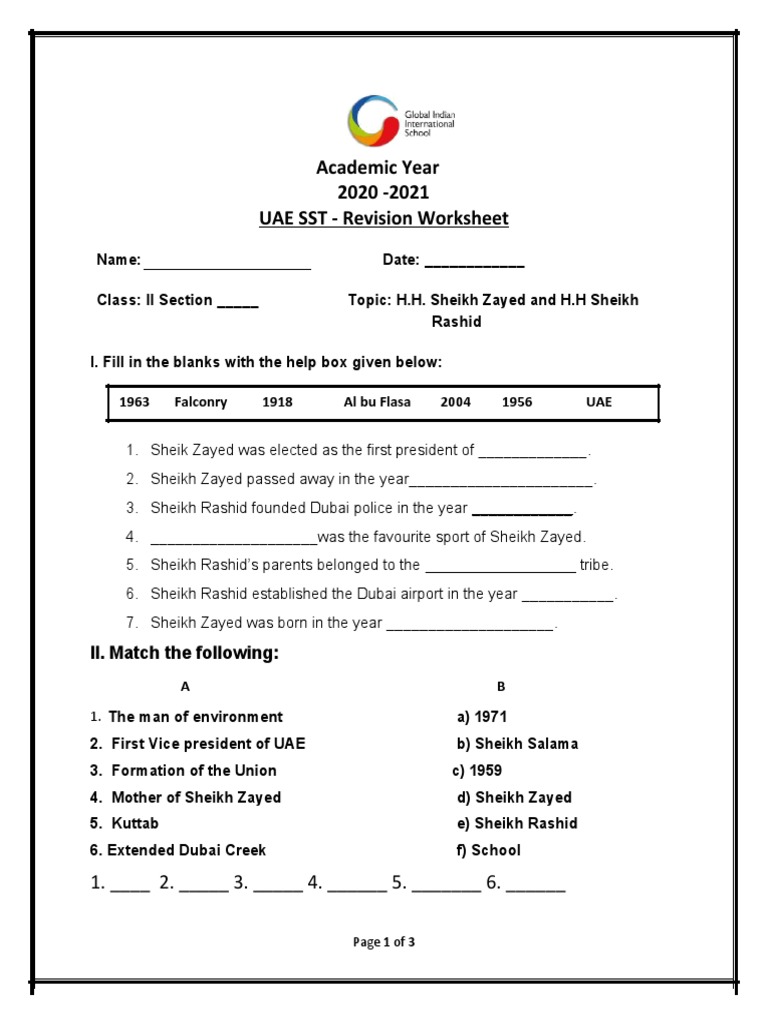 Academic Year 2020 - 2021 UAE SST - Revision Worksheet: II. Match The ...