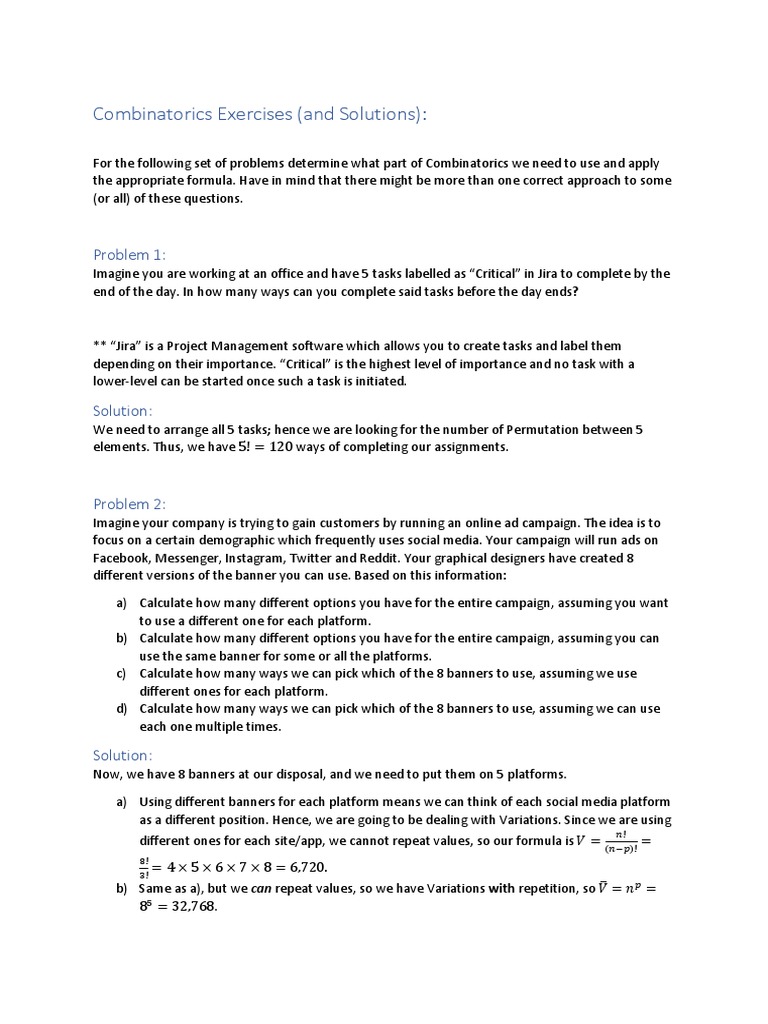 Combinatorics Exercises Solutions Guide | PDF | Aerobic Exercise | Teaching Mathematics