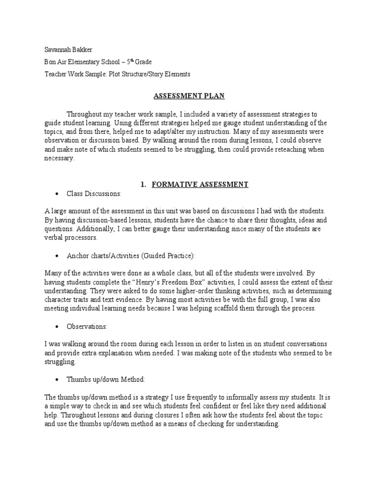 Assessment Plan: Savannah Bakker Bon Air Elementary School - 5 Grade ...