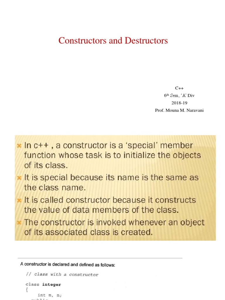 Constructors And Destructors C 6 Sem A Div 2018 19 Prof Mouna M Naravani Pdf