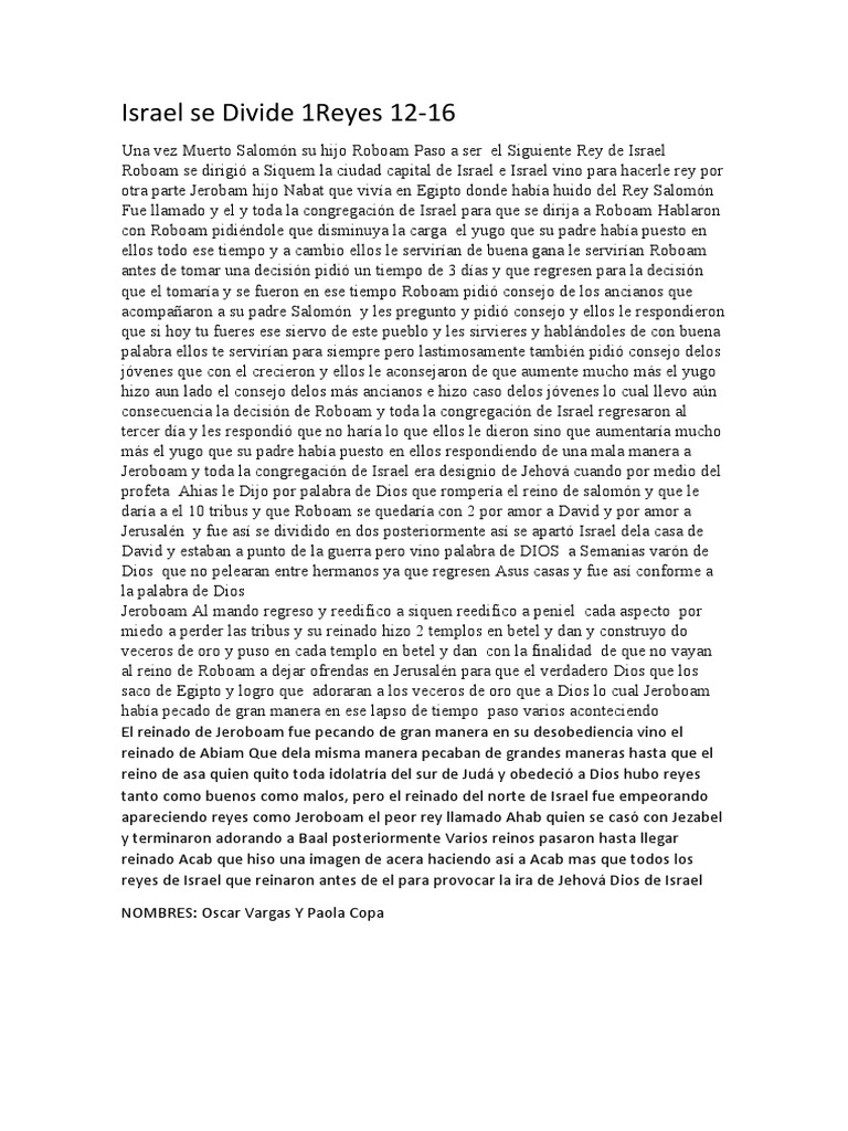 Resumen Breve de 1 de Reyes 12-16 | PDF | Libros de reyes | El antiguo ...