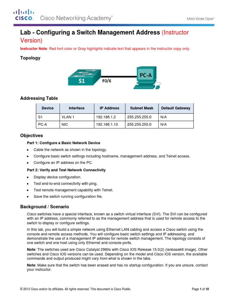 2.3.3.5 Lab - Configuring A Switch Management Address - ILM PDF | PDF | Ip Address | Computer ...