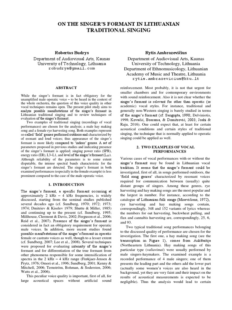 On The Singer's Formant in Lithuanian Traditional Singing | PDF ...