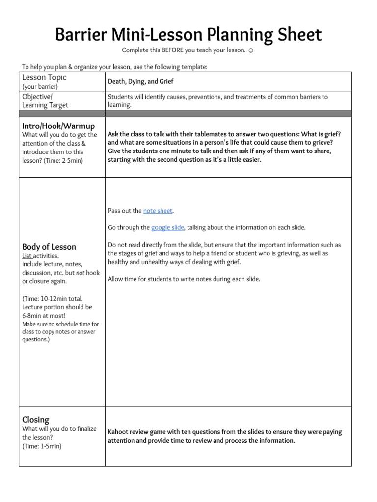 Barrierpres Planning Template | PDF | Grief | Pedagogy