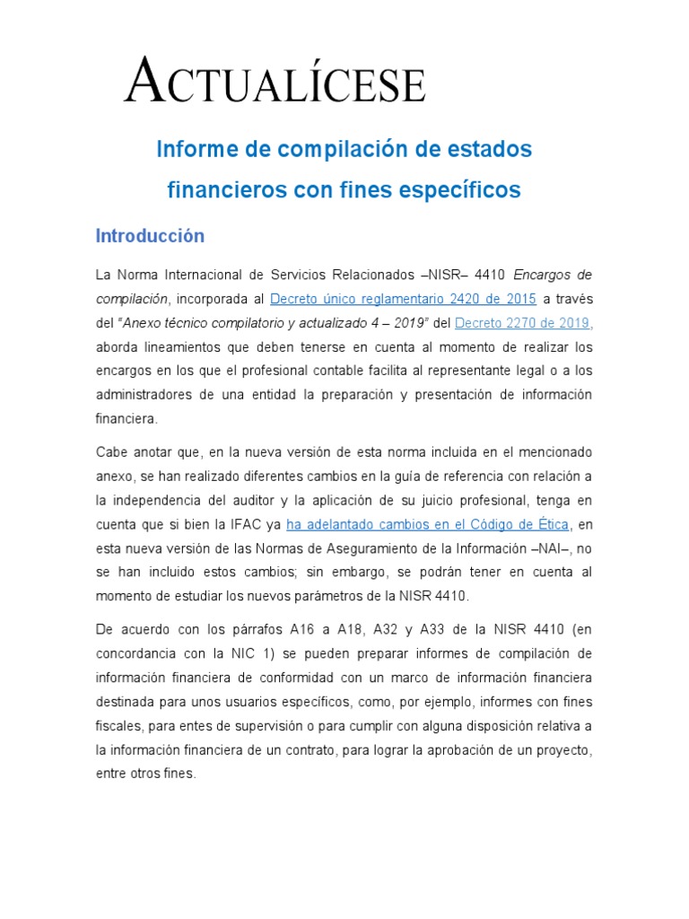 Informe Compilacion Fines Especificos | PDF | Estado financiero | Contabilidad