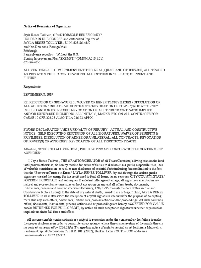 Done - Notice of Rescission of Signatures | PDF | Trust Law | Business Law