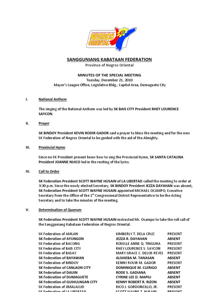 Sangguniang Kabataan Federation of Negros Oriental (Minutes Special ...