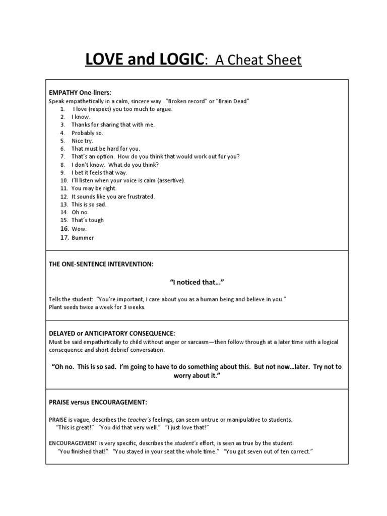 Love and Logic (Cheat Sheet) - KES Principals | PDF | Psychological ...