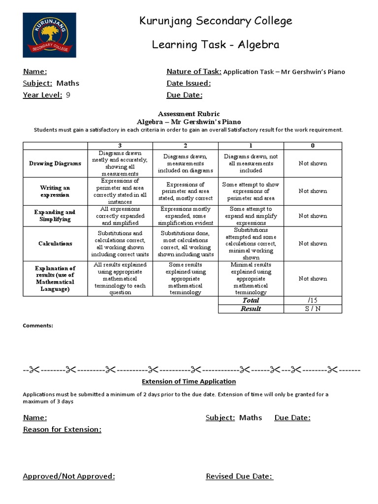 Year 9 Algebra Learning Task | PDF | Area | Length