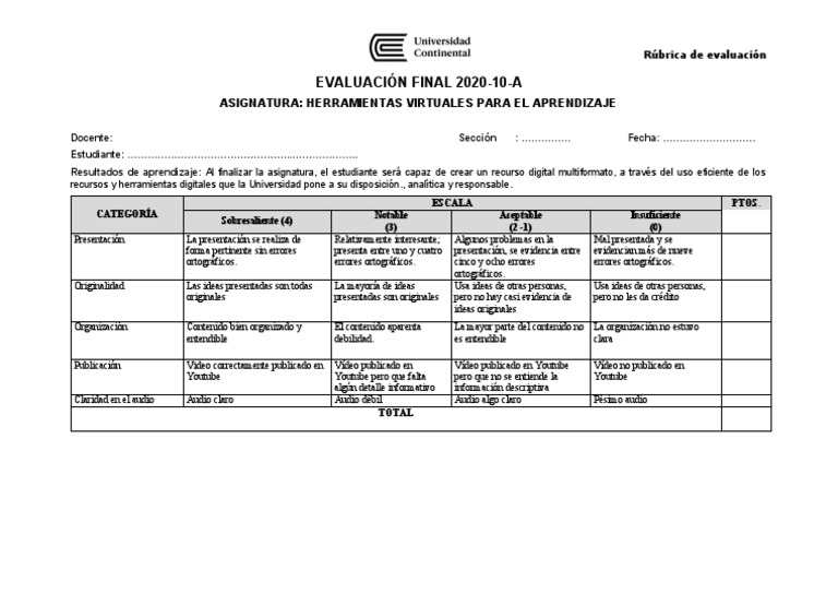 Rúbrica de Evaluación Final 2020-10-A | PDF | Youtube | Aprendizaje