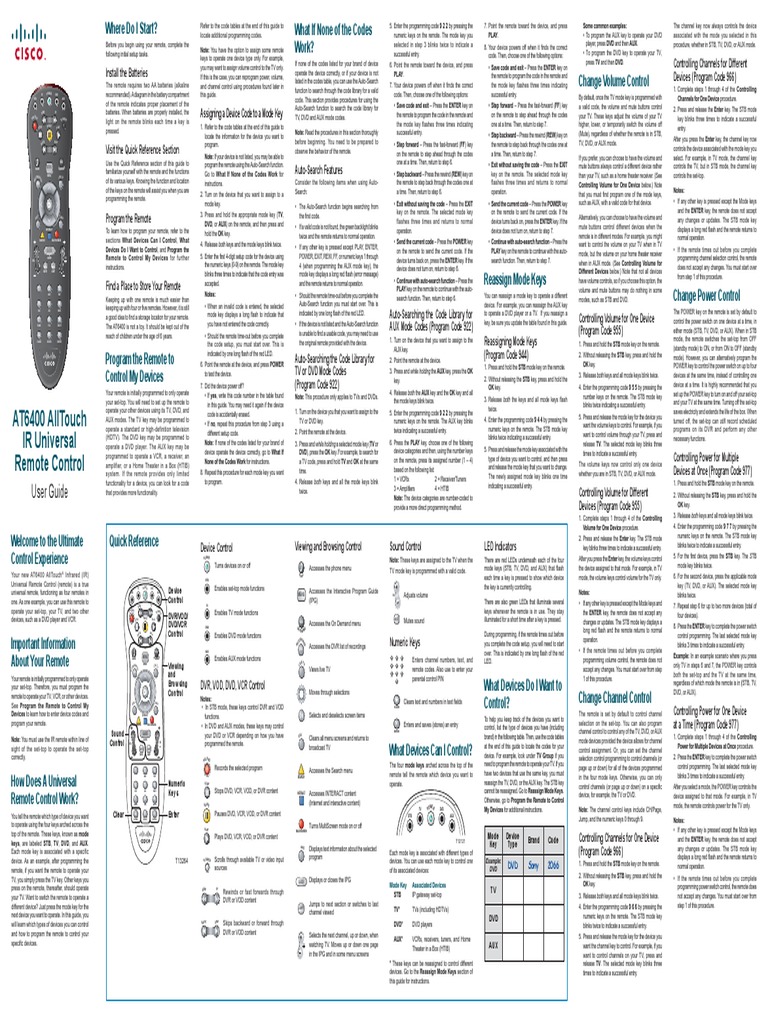 At6400 Alltouch Ir Universal Remote Control: User Guide | PDF | Set Top ...