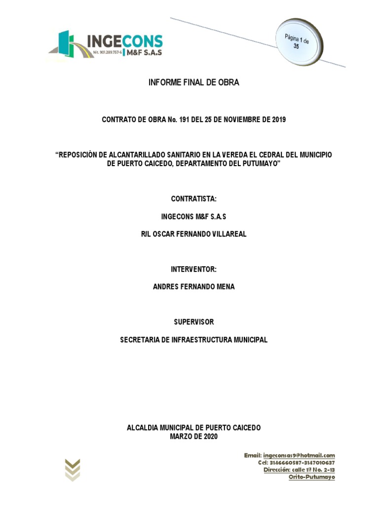 Informe de Obra: Alcantarillado Cedral | PDF | Alcantarillado | Saneamiento