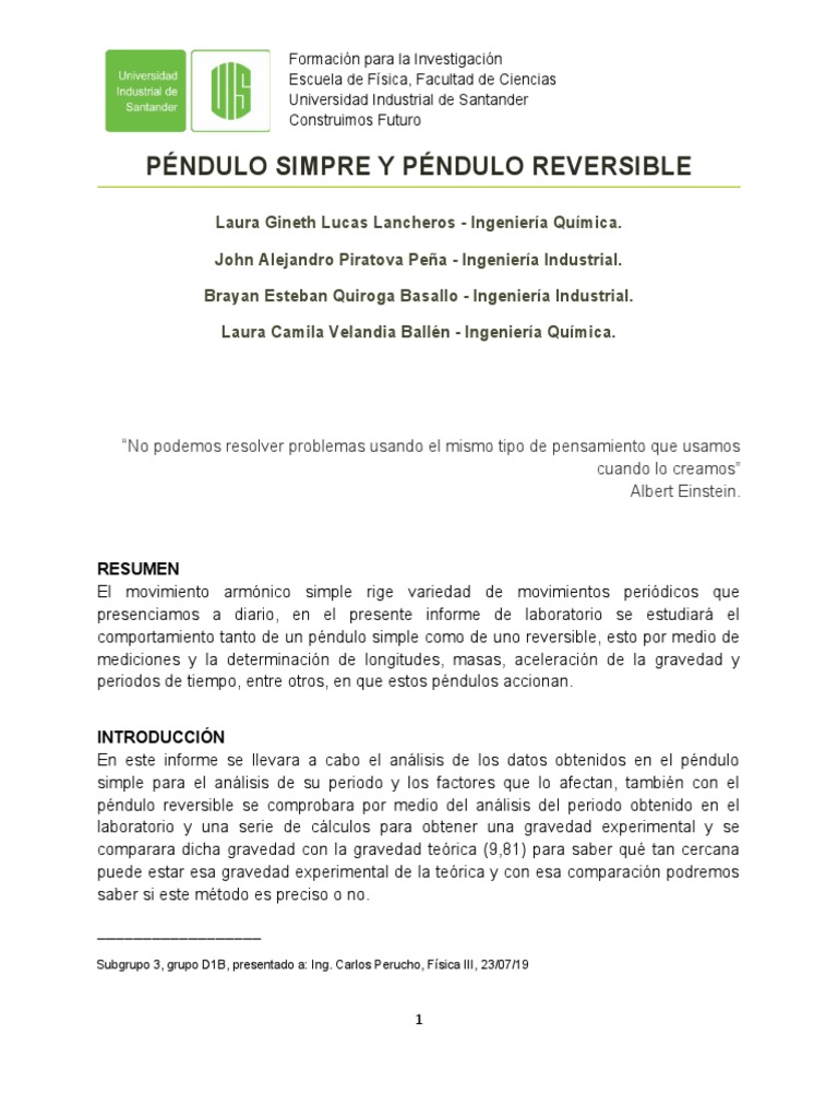 Lab. 1. PÉNDULO SIMPLE Y PÉNDULO REVERSIBLE. | PDF | Péndulo | Laboratorios