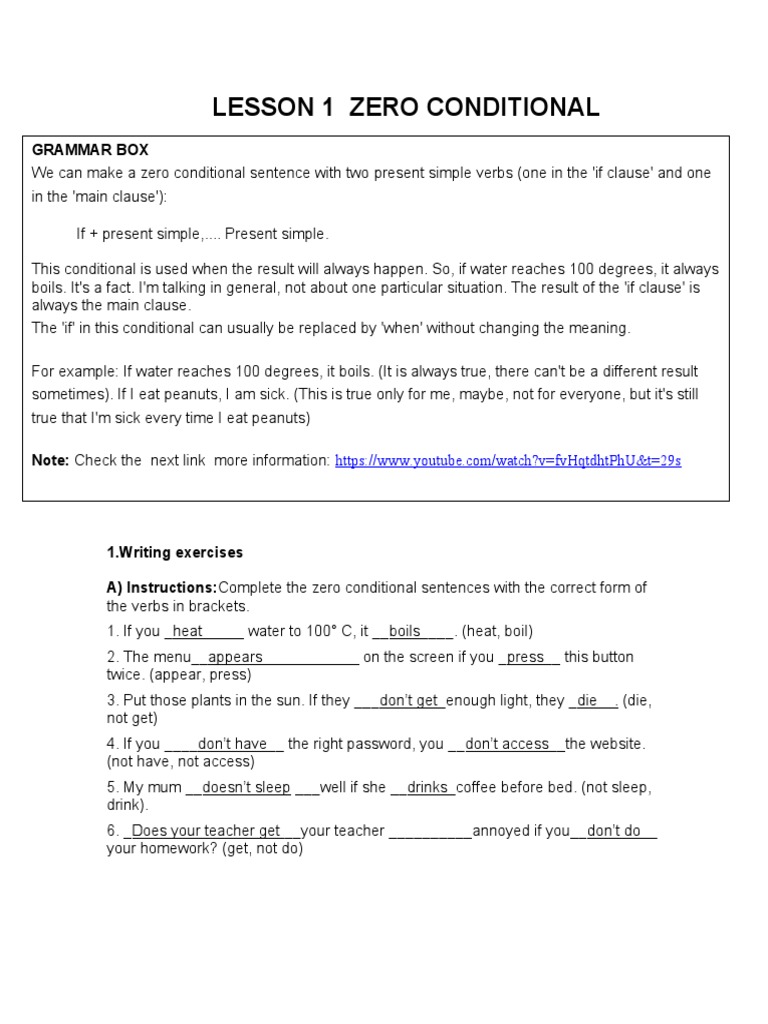 Lesson 1 Zero Conditional: Grammar Box | PDF | Clause | Sentence ...