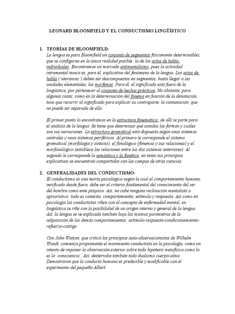 Leonard Bloomfield y El Conductismo Lingüístico | PDF | Fonema | Sicología