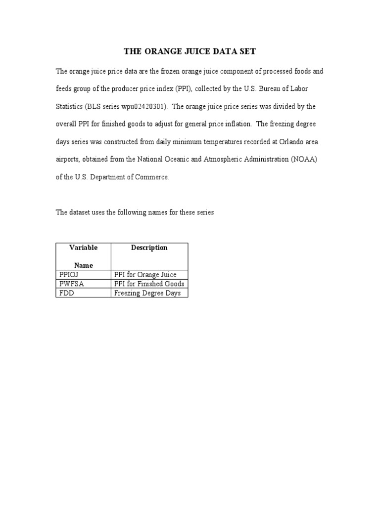 The Orange Juice Data Set: Variable Name Description | PDF