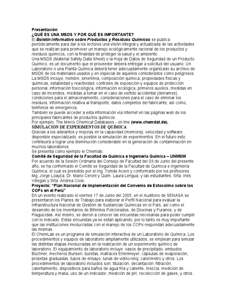 Importancia de las MSDS en Química | PDF | Laboratorios | Residuos