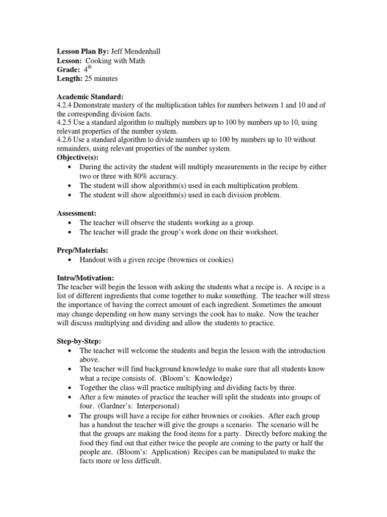 Lesson Plan By: Jeff Mendenhall Lesson: Cooking With Math Grade: 4 ...