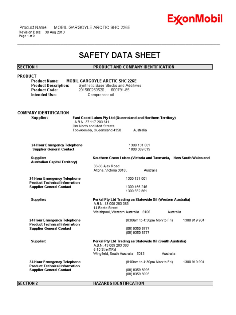 Safety Data Sheet: Product Name: Mobil Gargoyle Arctic SHC 226E | PDF ...