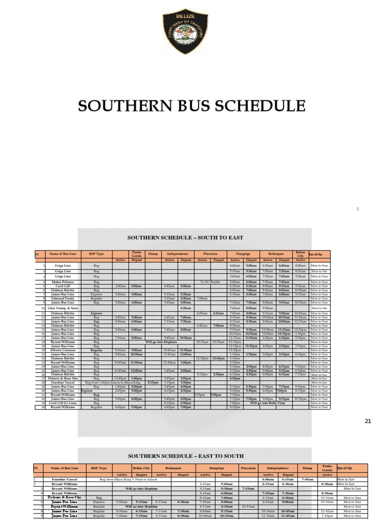 Southern Belize Bus Schedule | PDF