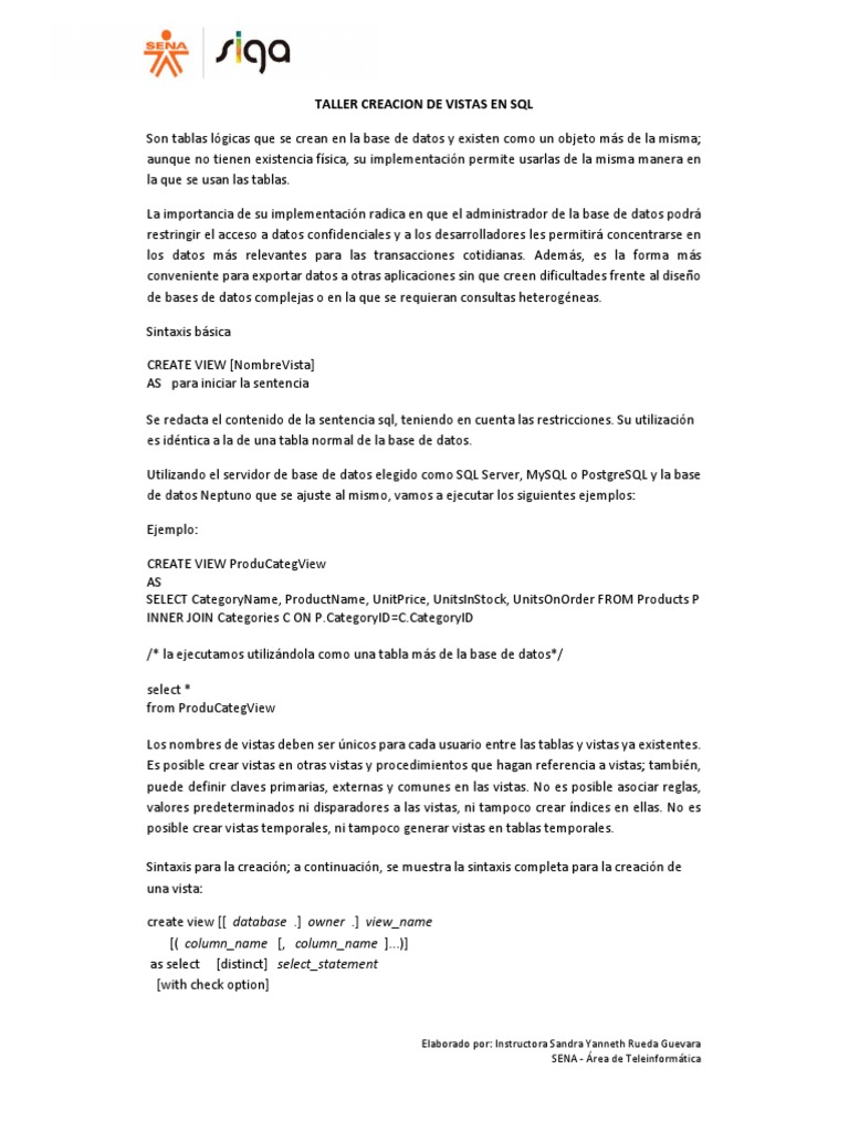 Taller Creacion de Vistas | PDF | SQL | Servidor SQL de Microsoft