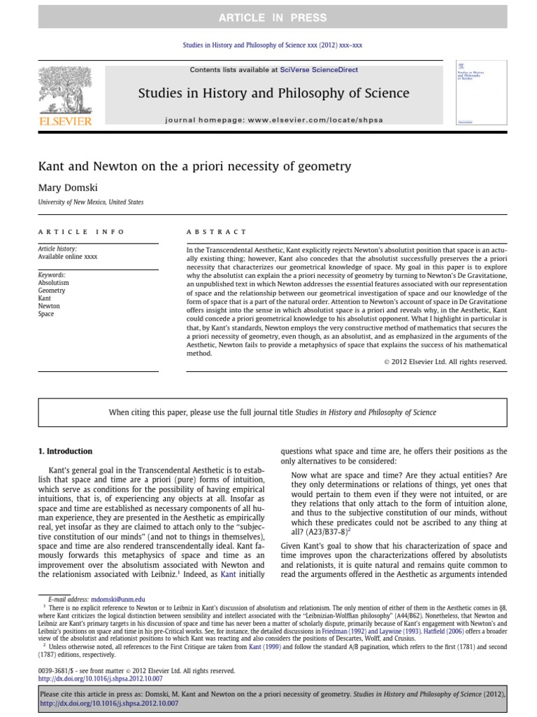 Studies in History and Philosophy of Science: Mary Domski | PDF | A ...