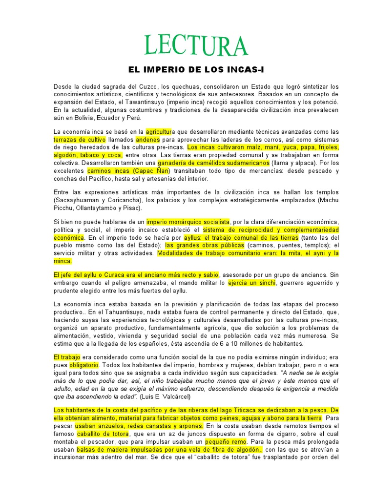 El Imperio de Los Incas I Lectura | PDF | Imperio Inca | Andes