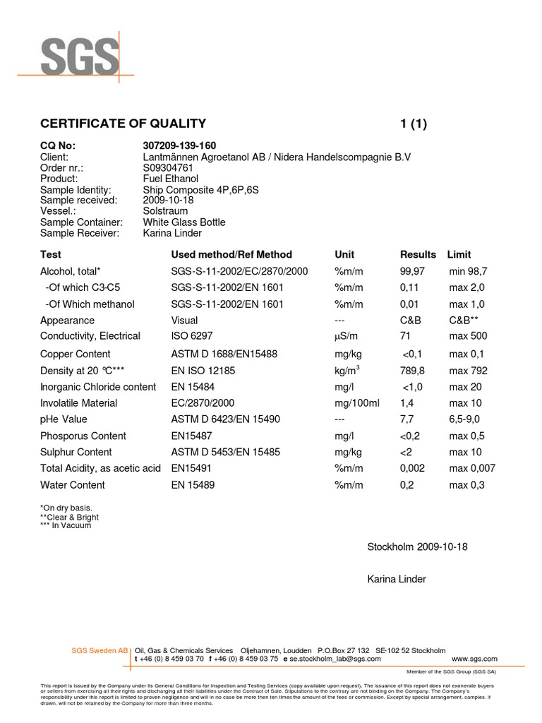 Quality Certificate for Fuel Ethanol | PDF | Ethanol | Physical Sciences