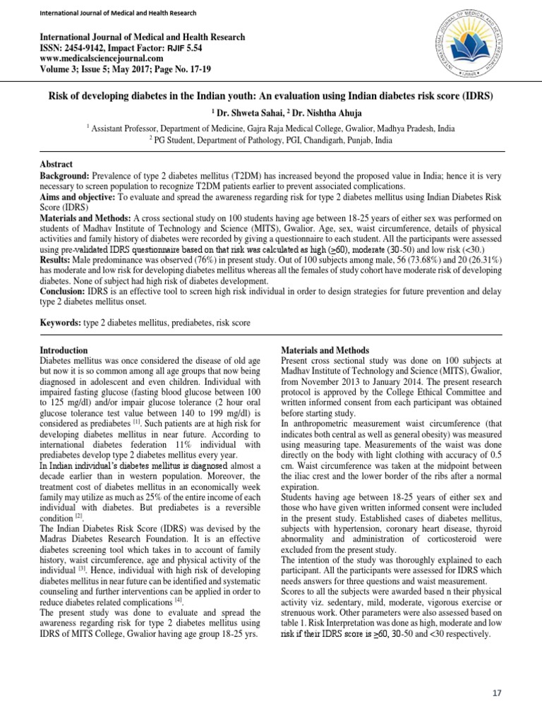 Risk of Developing Diabetes in The Indian Youth: An Evaluation Using ...