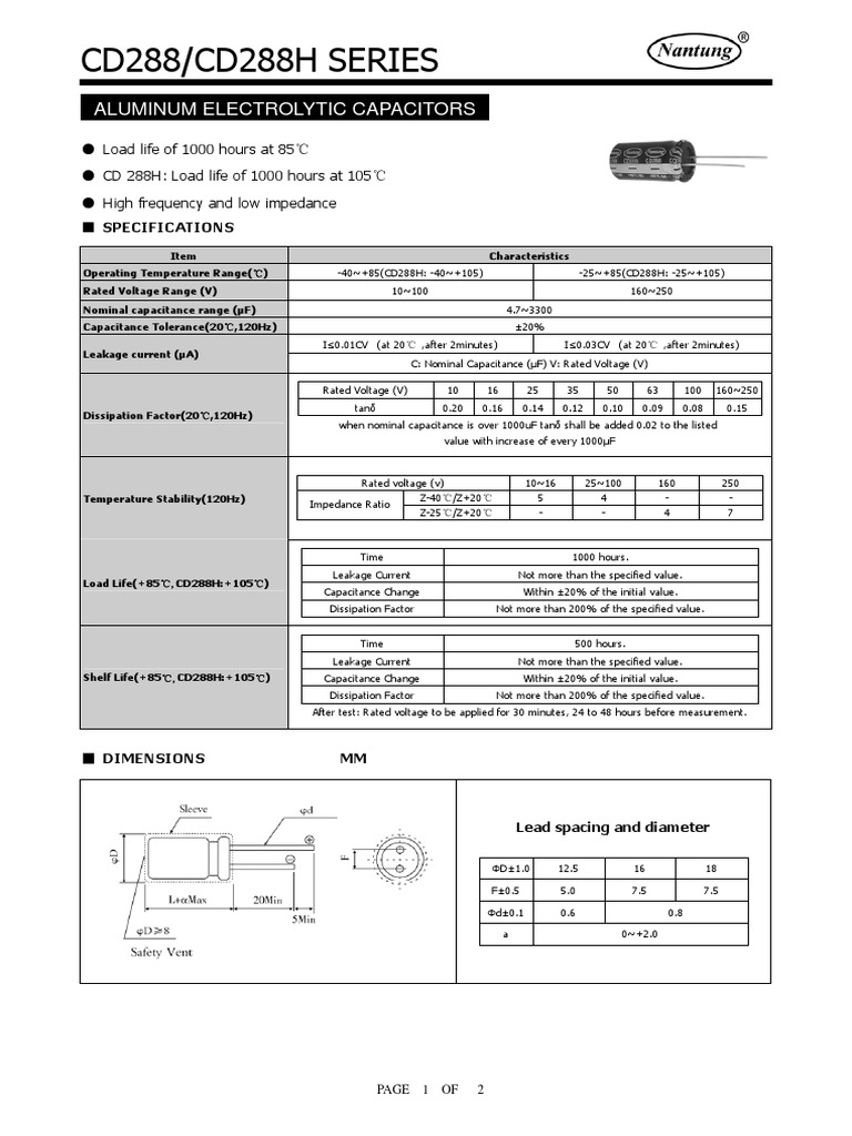 CD288/CD288H SERIES: Aluminum Electrolytic Capacitors | PDF | Capacitor ...