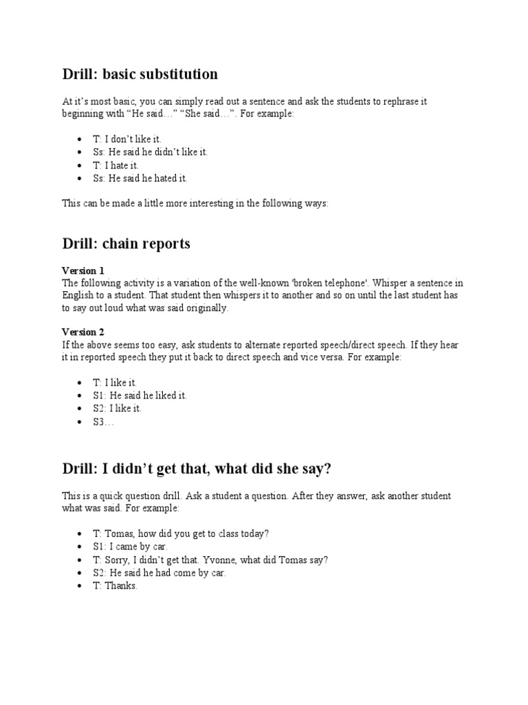 Drill-Direct and Indirect Speech | PDF | Interview
