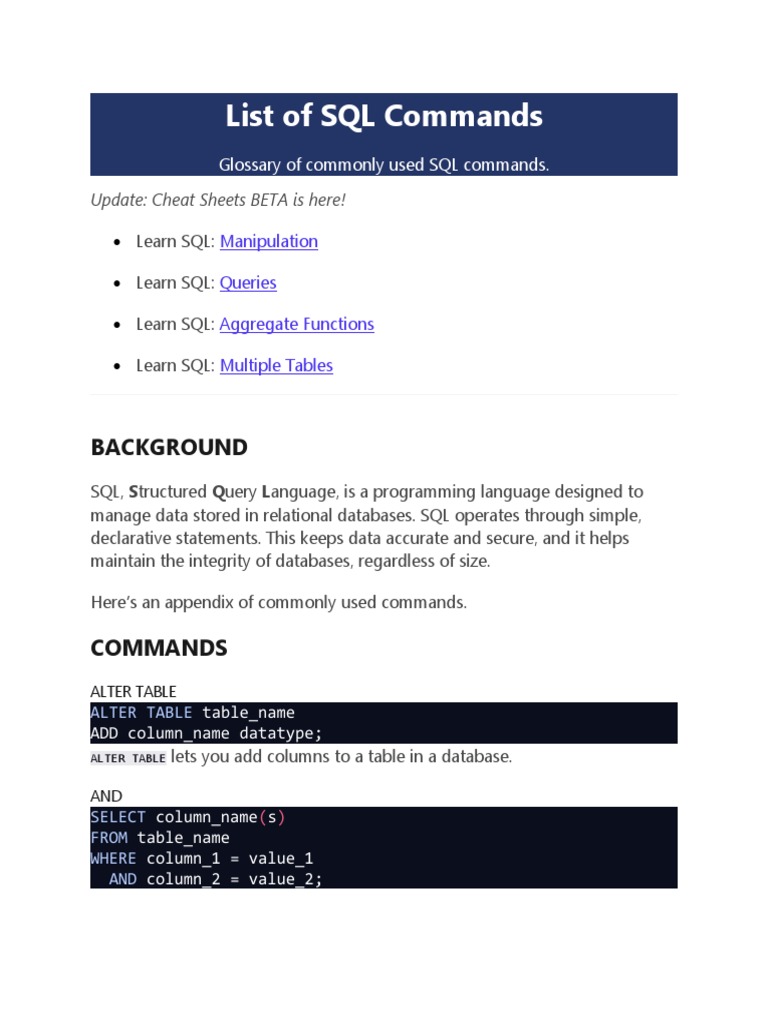 List of SQL Commands: Background | Download Free PDF | Table (Database) | Sql