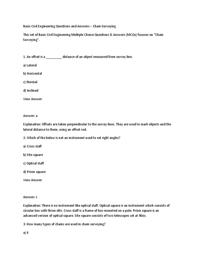 Basic Civil Engineering Questions and Answers | PDF | Surveying ...