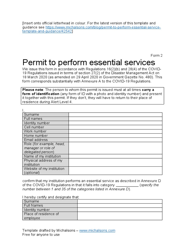 Permit To Perform Essential Service Form 2 Template v2.0 | PDF ...