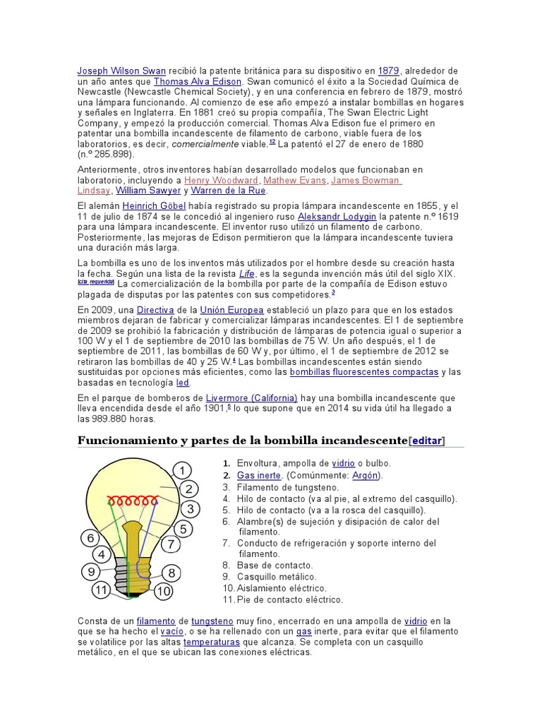 Historia Del Bombillo | PDF | Bombilla incandescente | Ligero