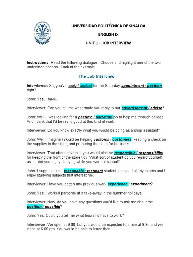 A Job Interview Dialogue: John Applies for a Part-Time Retail Position ...