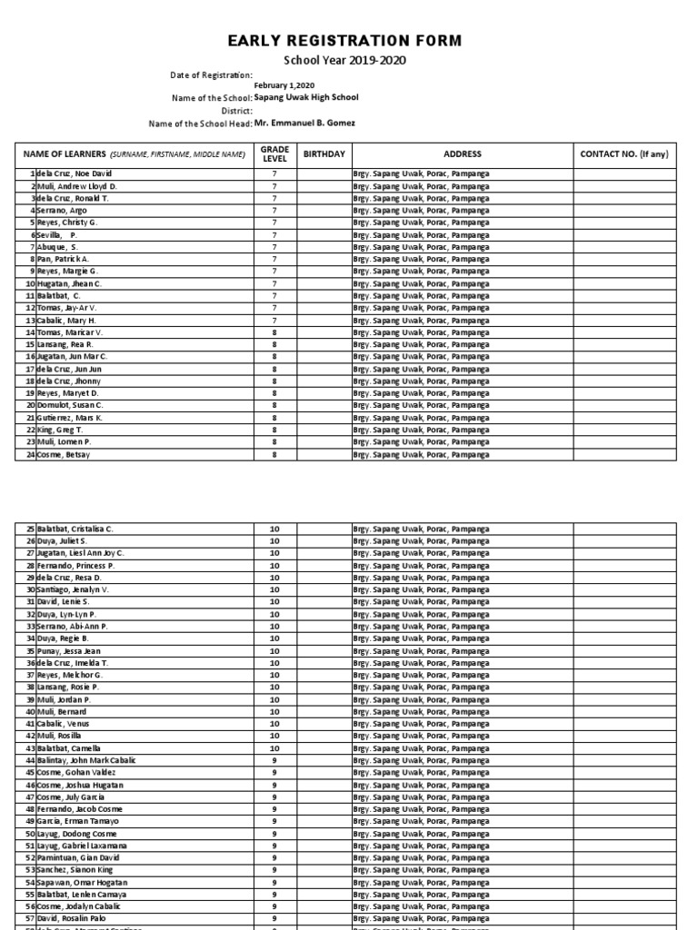 Early Registration Form: School Year 2019-2020 | PDF