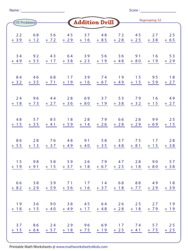 Addition Drill: 100 Problems | PDF