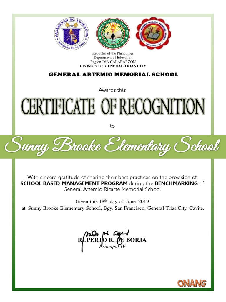 Certificate of Recognition for Benchmarking | PDF
