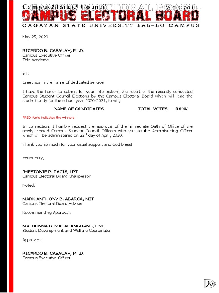 Campus Electoral Board - Declaration of Winners Sent To CEO | PDF