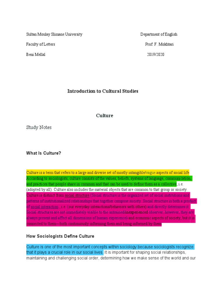 Introduction To Cultural Studies: Study Notes | Download Free PDF ...