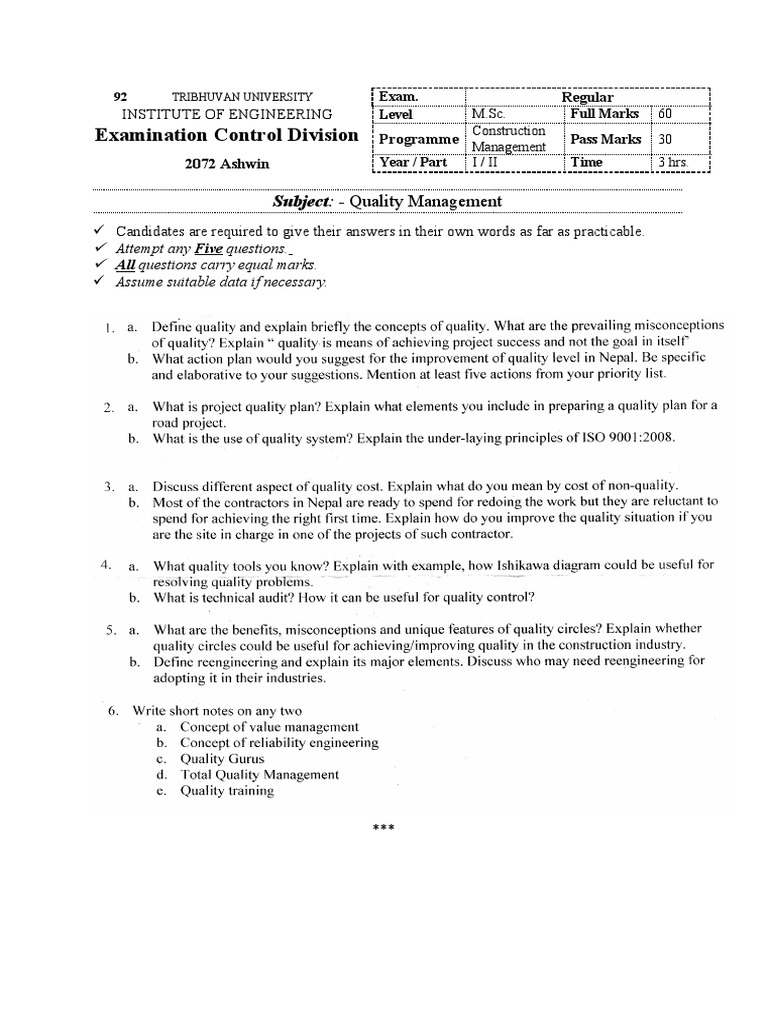 Examination Control Division: Subject: - Quality Management | PDF
