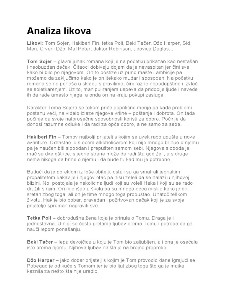 Analiza Likova Tom Sojer | PDF