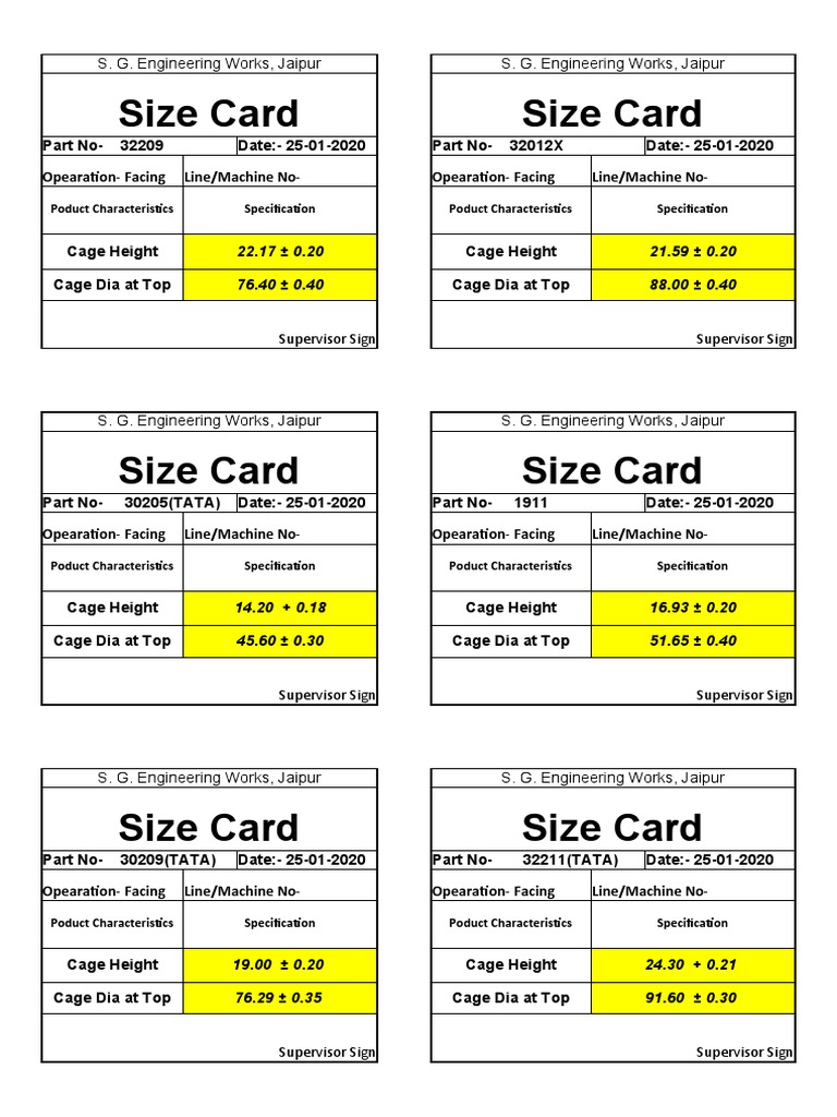 Size Card Size Card: Poduct Characteristics Specification Poduct ...