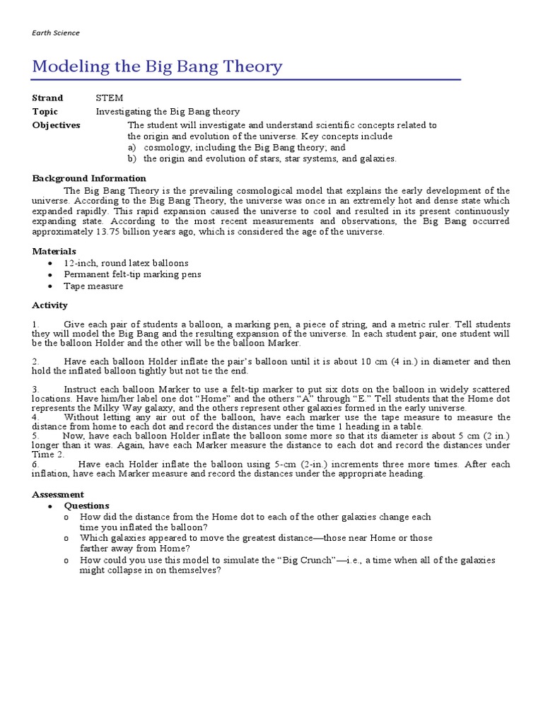 Big Bang Model Activity | PDF | Chronology Of The Universe | Big Bang