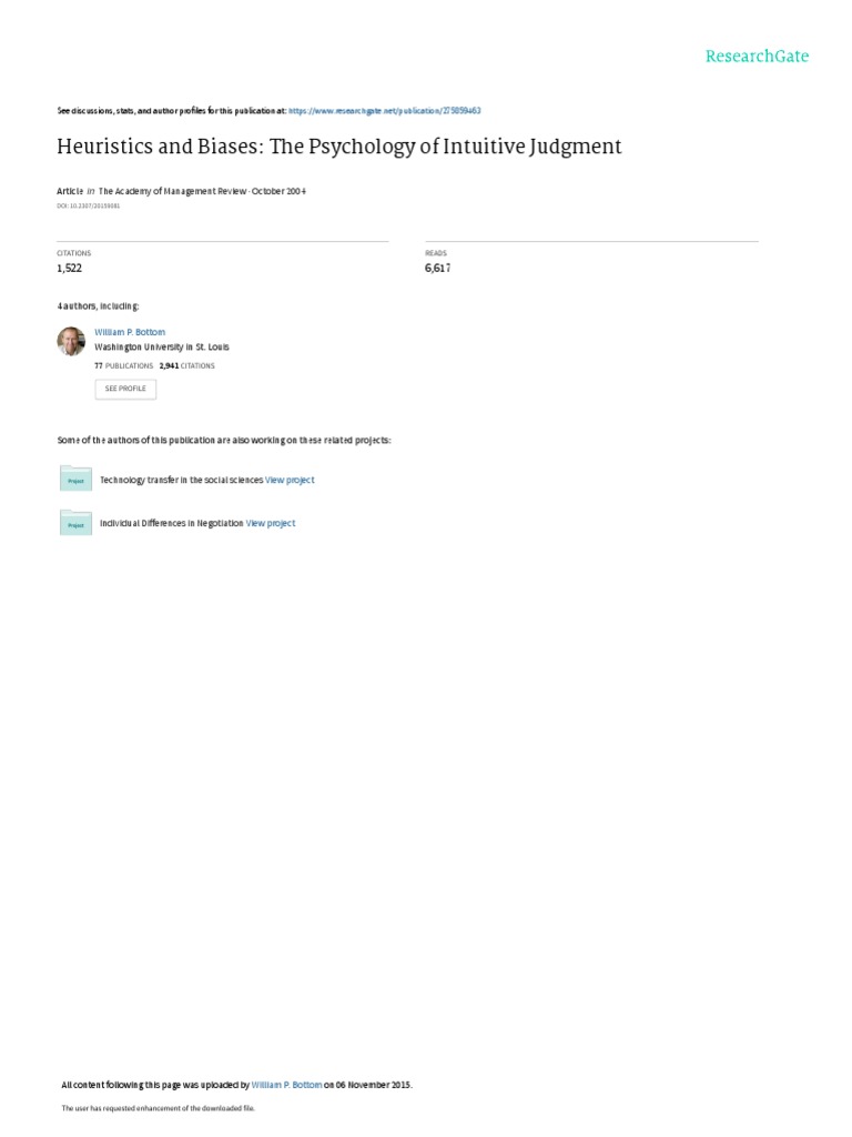 Heuristics and Biases The Psychology of Intuitive Judgment | PDF ...